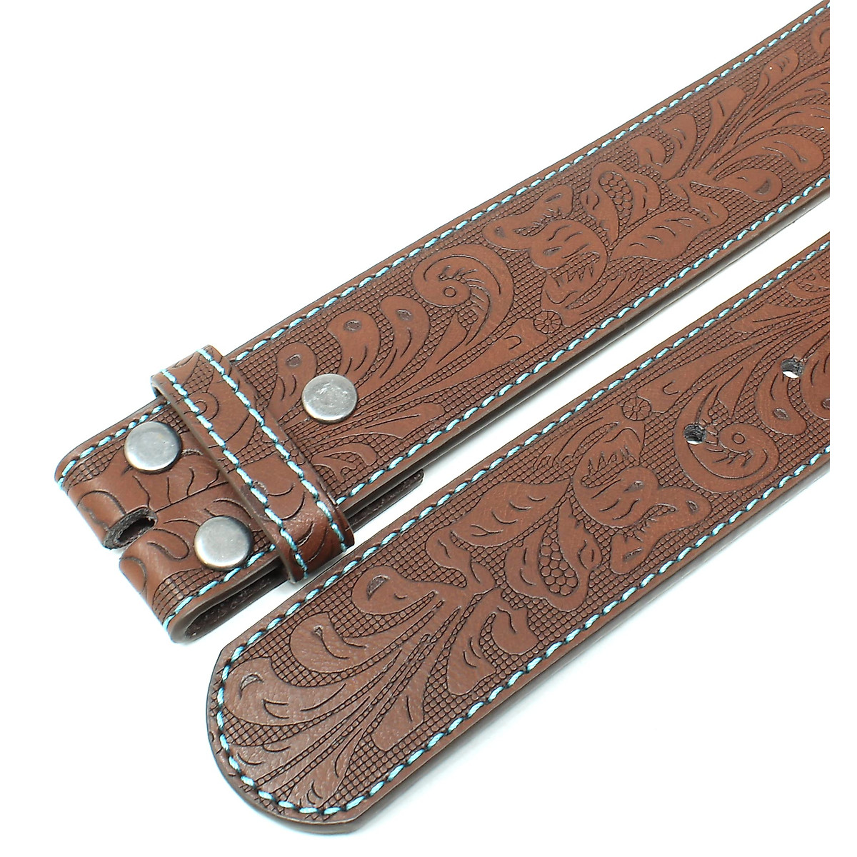 BC Belts Leather Belt Strap with Embossed Western Scrollwork 1.5" Wide with Snaps (Brown/Teal-S)