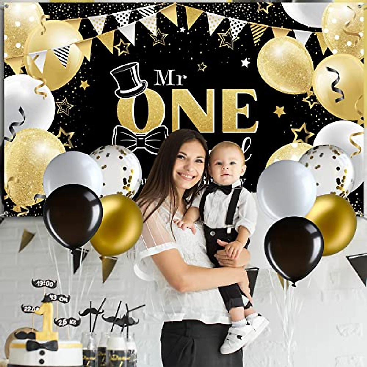 Boys 1st Birthday Decoration Mr. Onederful Birthday Party Supplies 1st Happy Birthday Backdrop Photography Background with Balloons for Baby Toddler Little Man First Birthday Decor (Black and Gold)