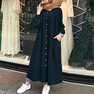 LKPJJFRG High Waist Smocked Flowy Tiered Mixi Dress Tie Back Puff Sleeve Tunic Dress Soft Comfy Pullover Long A-line Dress Navy