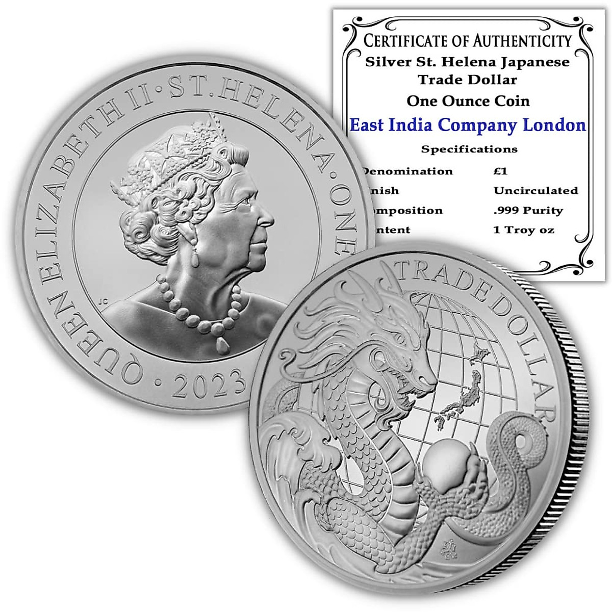2023 1 oz Silver Saint Helena Modern Japanese Trade Dollar - Dragon Coin Brilliant Uncirculated with Certificate of Authenticity £1 BU