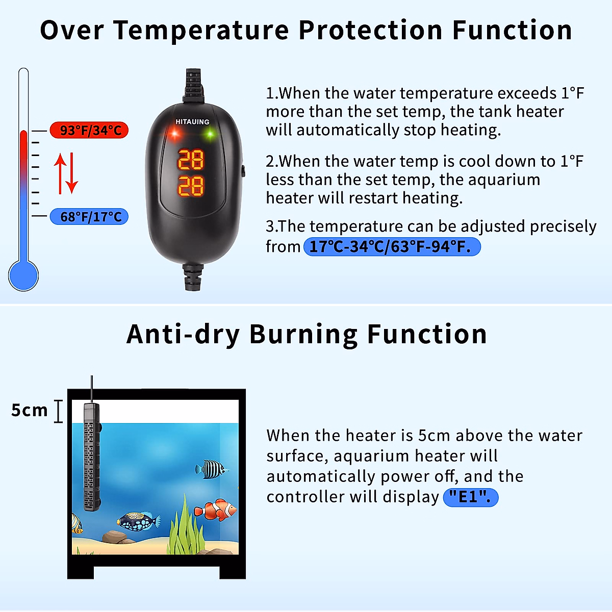 HiTauing Aquarium Heater, 50W/100W/200W/300W/500W Submersible Fish Tank Heater with Over-Temperature Protection and Automatic Power-Off When Leaving Water for Saltwater and Freshwater