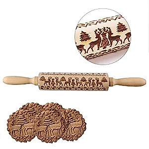 4Pack Christmas Wooden 3D Rolling Pins Embossed, Embossing Rolling Pin with Engraved Christmas Themed Symbols for Baking Embossed Cookies,Rolling Pin Kitchen Tool(14 in)