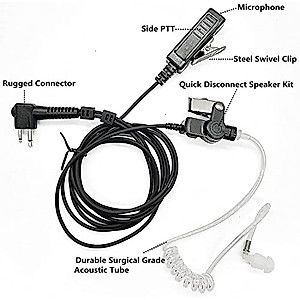 WODASEN 2 Pin PTT Transparent Acoustic Tube Earpiece for Motorola CP200 CLS1110 CLS1410 GP300 Walkie Talkies Earphone Two Way Radio Headset Push to Talk Button Mic Headphones with Black Earmold