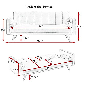 TMEOSK 71” Convertible Futon Sofa Bed, Recliner Sofa Couch with 2 Pillows, Upholstered Folding Sleeper Sofa Bed with Removable Armrests for Home Living Room Dorm Office (Beige)