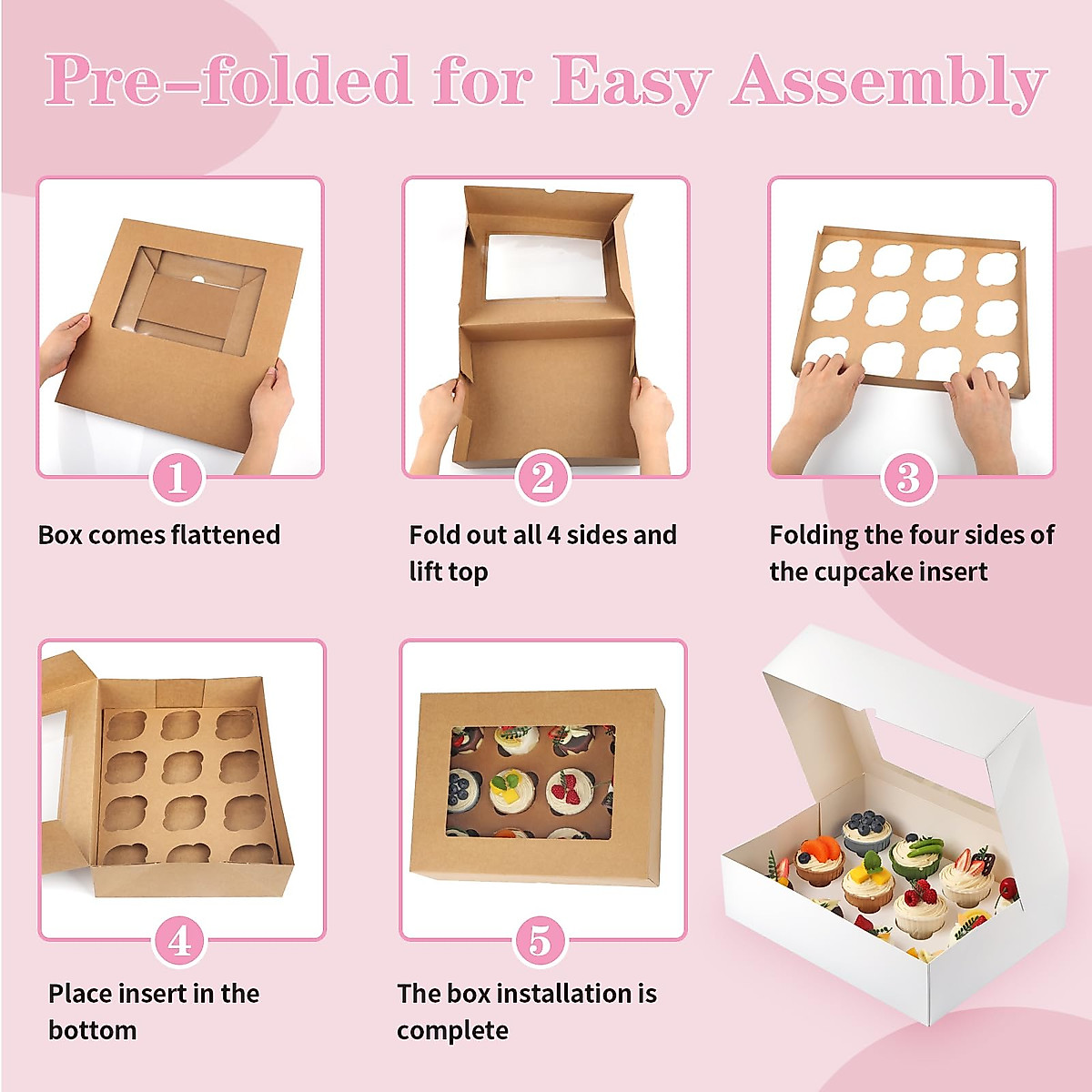 Svalor Cupcake Boxes, 2 Pack Disposable Cupcake Containers, Food Grade Cupcake Carrier 12 Count with Window and Inserts, Cupcake Transport Holders Bulk for Muffins Cookies Treats Dessert（White）