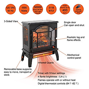 IVYHAVEN Infrared Space Stove Heater Fireplace, Freestanding Electric Fireplaces Safety Protection 64℉ - 82℉ 11 Temperature Modes 1500W Fast Heating, 3D Realistic Flame, for Cold Winter