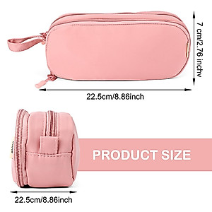 iSuperb 2 Compartments Pencil Case Zippered Pencil Pouch With Handle Big Large Capaciy Aesthetic Organizer Canvas & Nylon Pen Bag Handbag for Travel Office Stationary (Pink)
