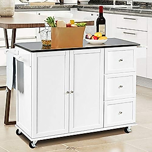 Giantex Kitchen Island with Stainless Steel Countertop, Kitchen Cart Rolling Trolley with Towel Holder and Spice Rack, 3 Drawers, Adjustable Shelves, 2-Door Cabinet, Ample Storage Table (White)