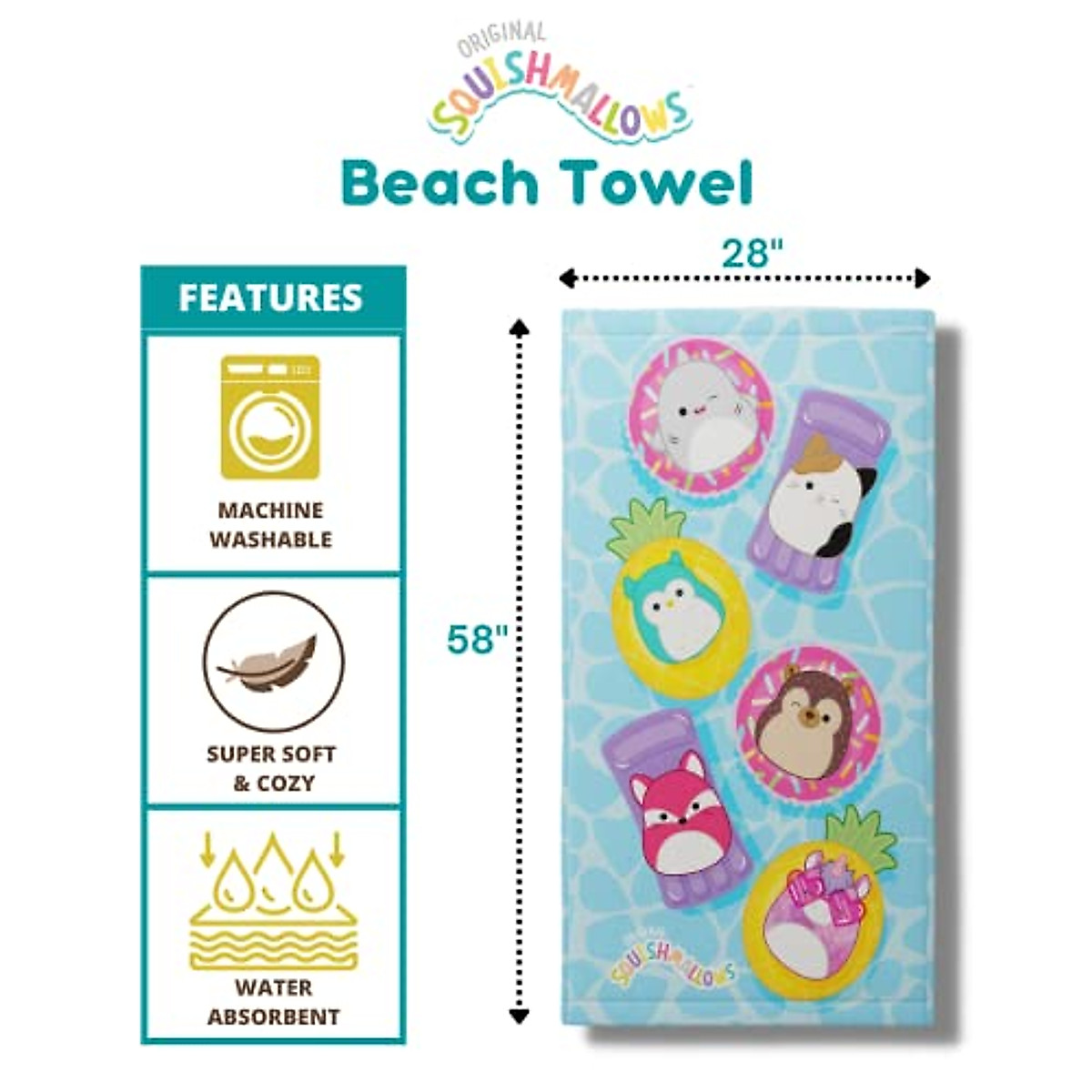 Franco Squishmallows Super Soft Cotton Bath/Pool/Beach Towel, 58 in x 28 in & Squishmallows Kids Bath/Pool/Beach Soft Cotton Terry Hooded Towel Wrap, 24 in x 50 in