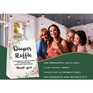 Diaper Raffle Baby Shower Game Set(1 Standing Sign + 50 Guessing Cards), Floral Greenery Diaper Raffle Tickets for Baby Shower, Blush Pink Baby Shower Party Favor Decor - A08