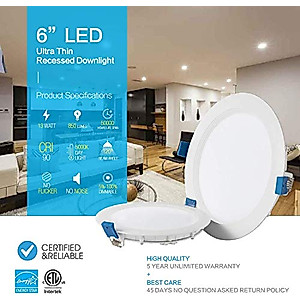 SAATLY 13W 6 inch LED Recessed Lighting, Ultra Thin Ceiling Downlight with Junction Box, 5000K Daylight Dimmable, 850lm 110W Eqv. ETL Certified, Pack of 12