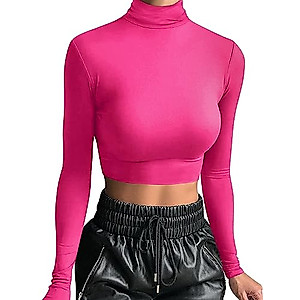 MSBASIC Pink Crop Tops for Women Trendy Underscrub Long Sleeve Turtleneck Basic Slim Fit Tshirts(X-Large,Hot Pink)