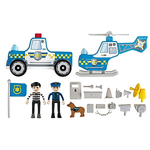 Hape Metro Police Station Play Toy Set with Sounds and Lights| 2-Level Wooden Pretend Play Toy with Action Figures and Accessories