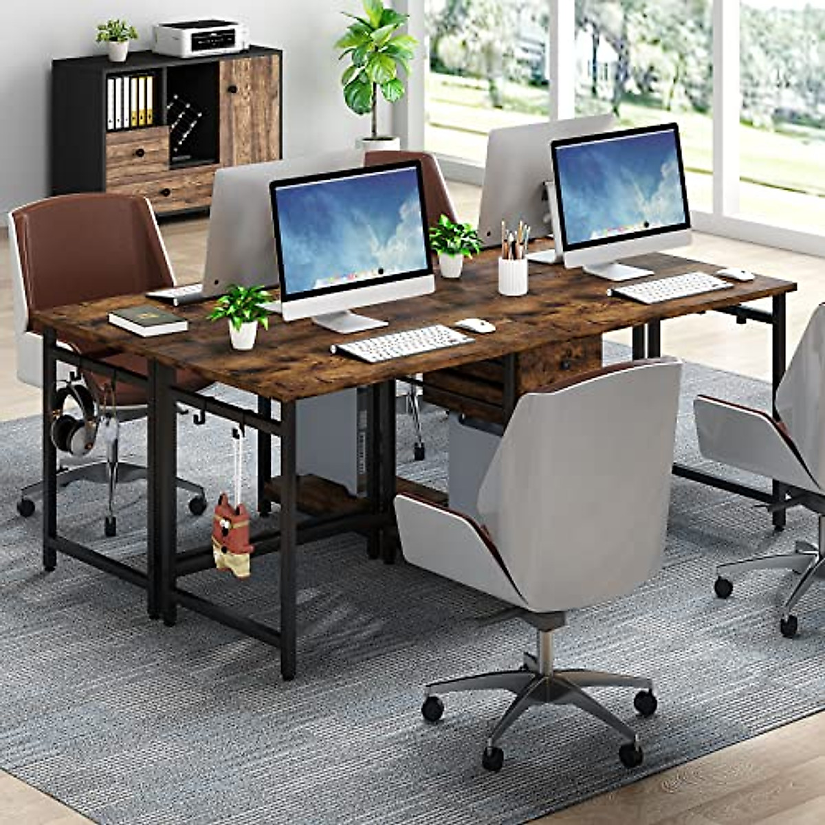 Tribesigns 78’’ Two Person Desk with 2 Drawers, Long Double Computer Desk Gaming Table with Shelves, Industrial Study Writing Table Workstation for Home Office, Rustic Brown