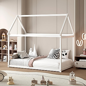 Giantex Twin House Bed, Wood Montessori Bed Frame with House Roof Canopy, Low Floor Bed with Sturdy Wood Slat Support, No Box Spring Needed, Twin Playhouse Bed for Kids Teens Boys Girls (White)