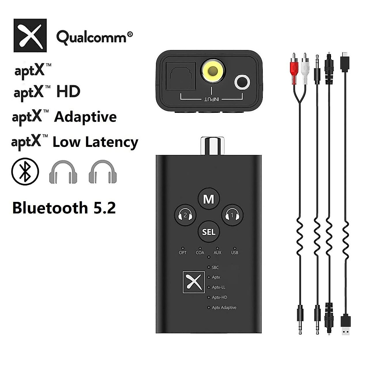 eppfun AK3046D Bluetooth 5.2 Qualcomm aptX-Adaptive HD Transmitter with 3.5mm AUX/RCA/COAXIAL/SPDIF Optical, SBC/aptX Low Latency Dual Connection Audio Adapter for TV PC (Black)