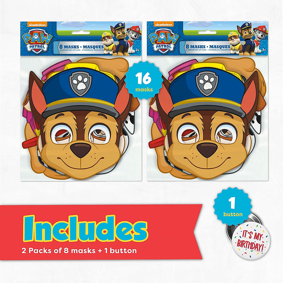 Unique Paw Patrol Masks for Kids Birthday Party Favors and Decorations with Buttons - 16 Pack