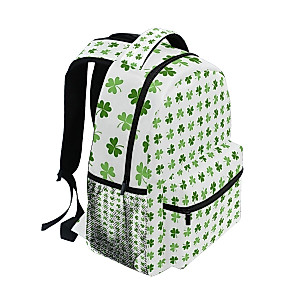 Backpack Patrick's Day Clover Leaves Shamrock Luck Green White Daypack Shoulder Bag with Name Label Tag for Travel Hiking Casual Camping Sports Gym