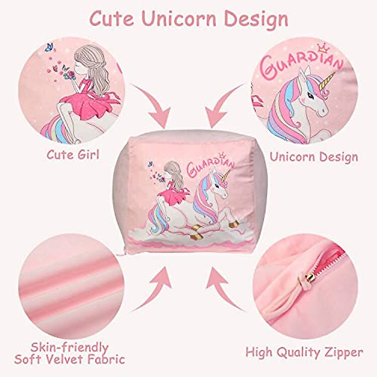 Yoweenton Unicorn Bean Bag Chair for Girls Room Decor, Stuffed Animal Storage Pink, Gifts for Girls, Medium Size,Velvet Extra Soft Cover Only