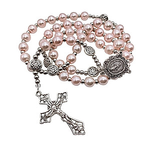 Nazareth Store Pink Beads Rosary Necklace Strong Pearl Beaded Catholic Rosary with Our Lady of Graces Medal and Cross