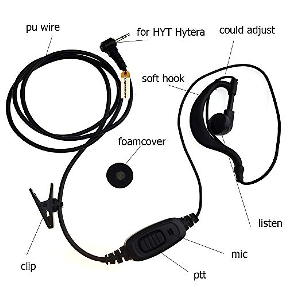 1 Pin G Shape Earhook Earpiece Headset PTT and Mic Compatible for HYT Hytera Two Way Radio TC1688 TC310 TC-1688 TC-310 TC-320 etc/Motorola Walkie Talkie, Pack of 5, By Lsgoodcare