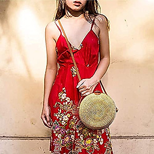 DODOPEN Crossbody Bags for Women,100% Natural Handwoven Round Rattan Bag Straw Bags Satchel Shoulder Leather Strap Natural Chic