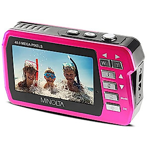 Minolta MN40WP-PK 48 MP Dual Screen 2.7K Ultra HD Waterproof Digital Camera, Pink Bundle with Lexar 64GB Memory Card. Camera Case, Floating Bobber Handle and Microfiber Cleaning Cloth