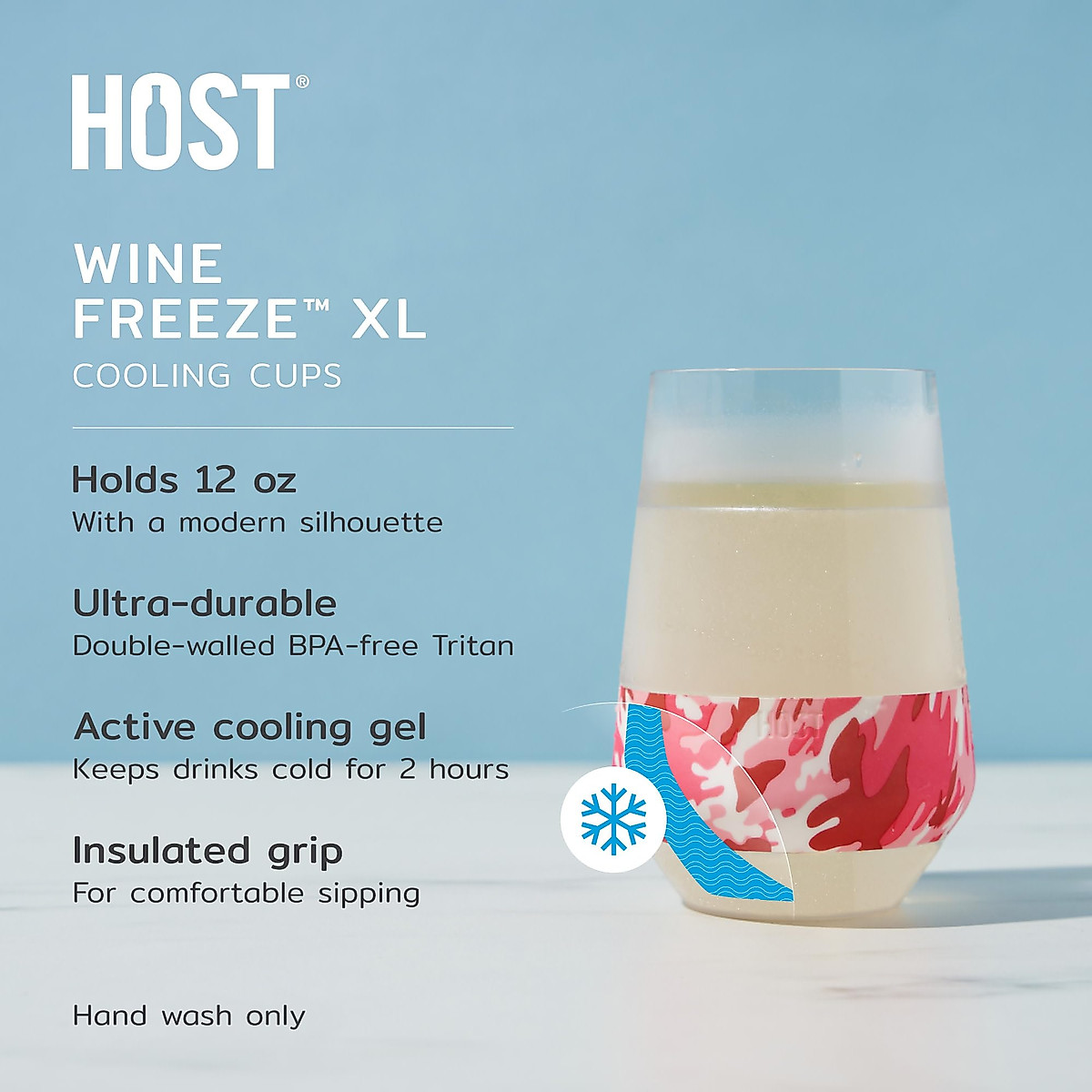 Host Freeze XL Cooling Cup in Double Walled Insulated Freezable Drink Chilling Tumbler with Freezing Gel, 12 Ounces, Pink Camo Set of 2