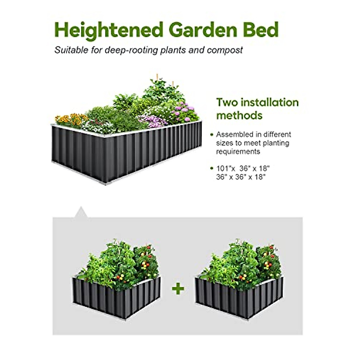 KING BIRD 101"x 36"x 18" Galvanized Raised Garden Bed 2 Installation Methods for DIY Outdoor Heightened Steel Metal Planter Kit Box for Deep-Rooted Vegetables, Flowers, Large Raised Bed Kit(Dark Grey)