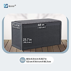 BLUU 100 Gallon Outdoor Storage Box Deck Bench with Cushion for Outdoor Pillows, Pool Toys, Garden Tools and Sports Equipment | Waterproof Cabinet | Lock Included