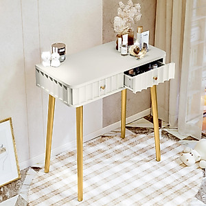 AZODY Vanity Desk with 2 Drawers,32'' Water Ripple Makeup Vanity Desk, Modern Home Office Computer Desk,Makeup Dressing Console Table with Golden Legs for Small Spaces