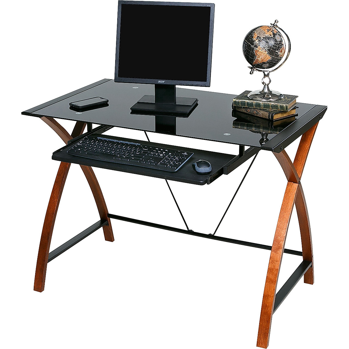 OneSpace Glass and Wood Computer Desk with Pullout Keyboard Tray and Black Glass Desktop, Black/Brown
