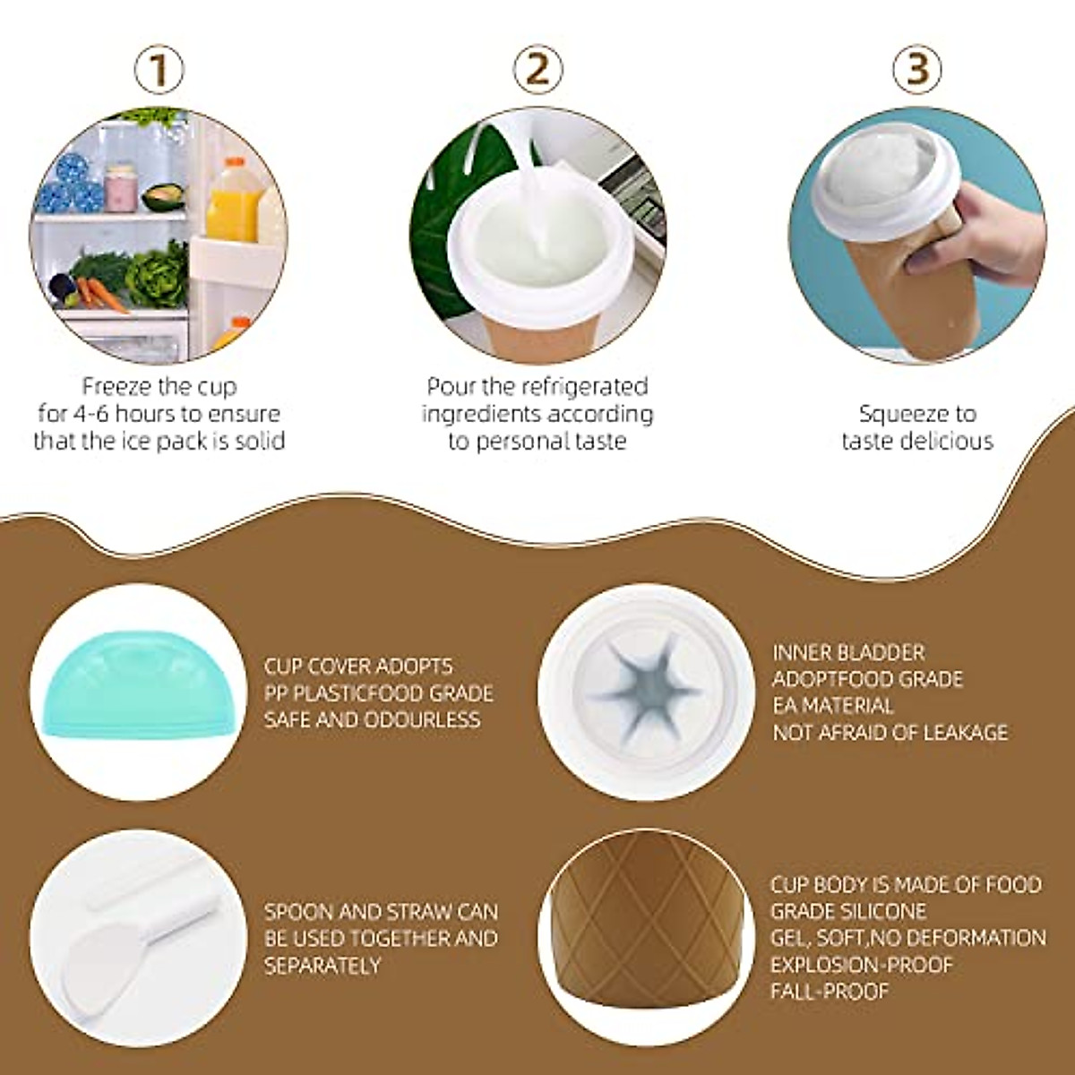 [Upgrade 500ML] Slushy Cup Slushy Maker Cup TIK TOK Frozen Magic Squeeze Cup - Quick Cool Slushy Milk Shake Ice Cream Smoothies Cup(500ml Brown)