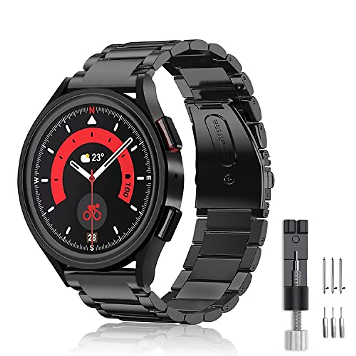 Fintie Band Compatible with Samsung Galaxy Watch 5 Pro 45mm, Watch 5/4 40mm 44mm, Watch 4 Classic 42mm 46mm, 20mm Stainless Steel Metal Bands Replacement Bracelet Strap, Black