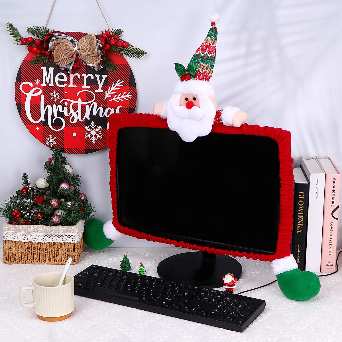 LONG7INES Christmas Computer Monitor Cover, Elastic Xmas Decorations Reindeer Computer Monitor Border Cover, Elastic Laptop Computer Cover for Xmas Home Office Decor and New Year Gift Ideas (Santa)