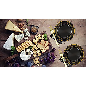 Stylish 7.5 Inch Gold and Black Cake Plates with Disposable Forks and Cocktail Napkins (100 Set of Each) - Small Appetizer Plates, Disposable Cake Plates or Salad Plate - Black Plastic Dessert Plates