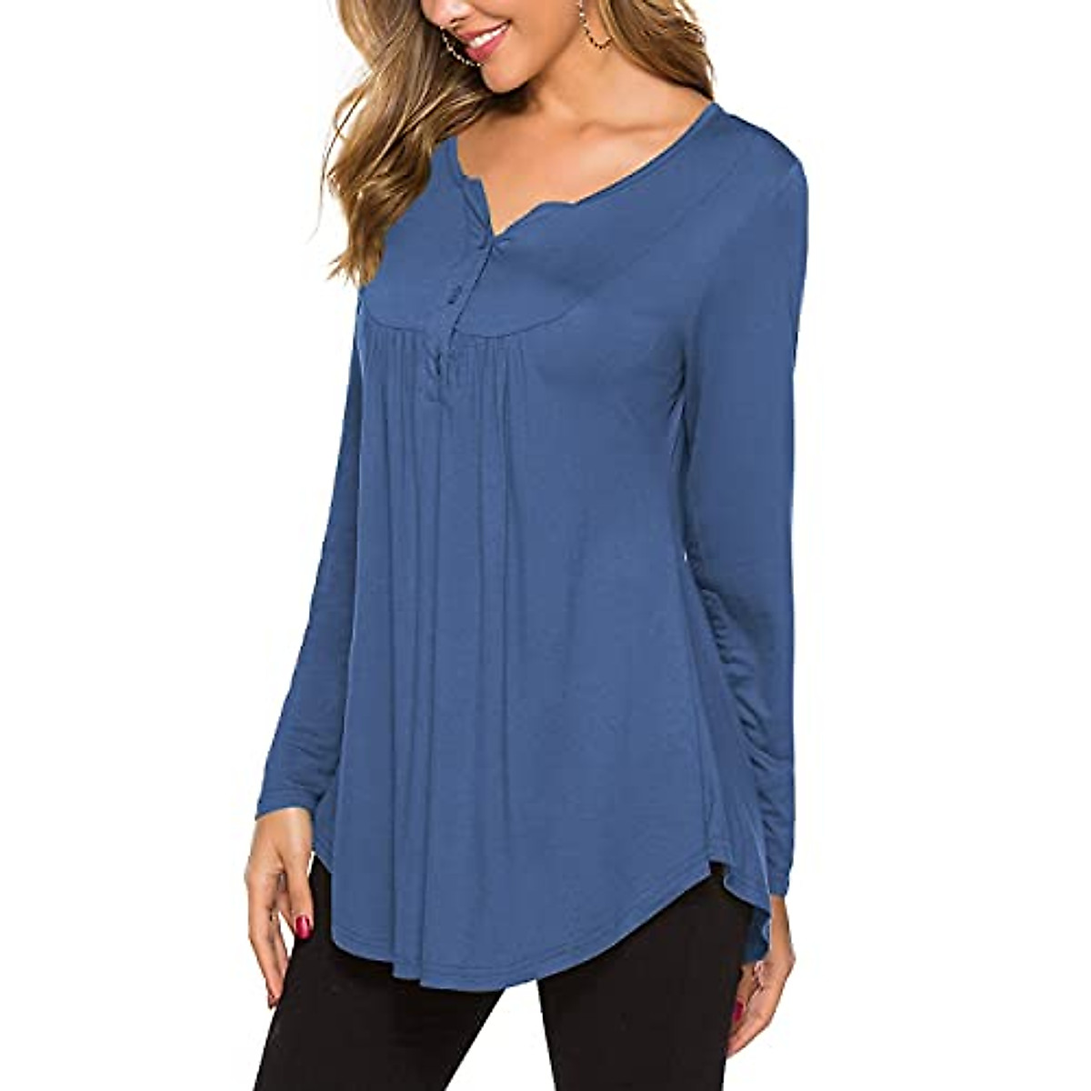 Halife Womens Long Sleeve Tops to Wear with Leggings Henley V Neck T Shirts Pleated Tunic Fall Blouse Blue L