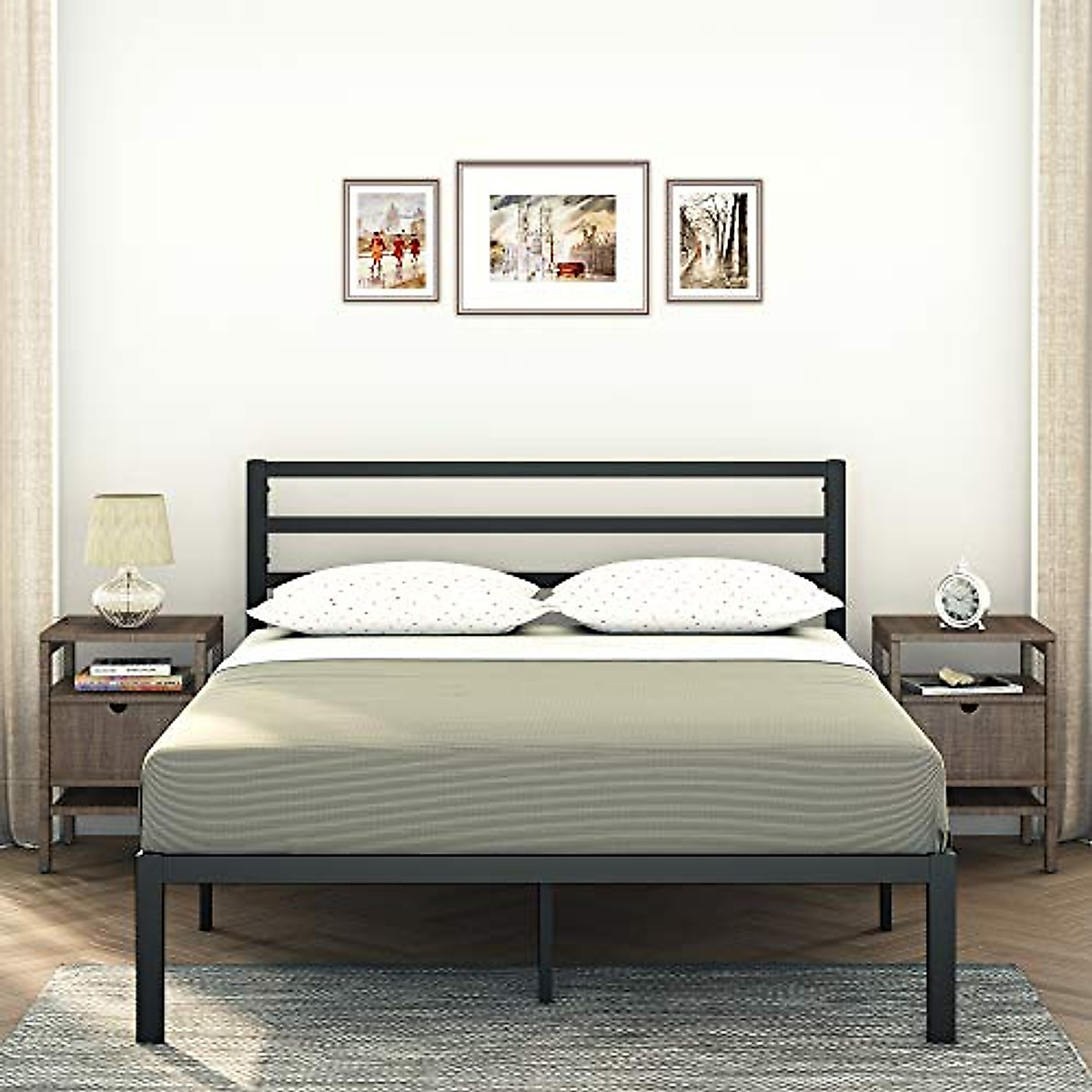 AMBEE21 Modern Queen Platform Metal Bed Frame with Headboard, Black Heavy Duty Iron Metal Bed Frame, Sturdy Mattress Support, Under Bed Storage, Steel Slat Support