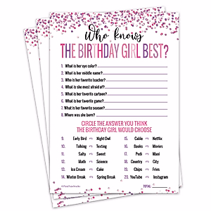 30 Who Knows The Birthday Girl Best Game Cards- for Child or Teen- Fun and Easy Game for Party or Sleepover- Girl Birthday Supplies, Activity, Decorations