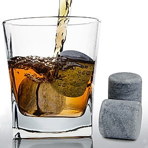 EMCOLLECTION Whiskey Stones Gift Set of 6 w/ Wooden Storage Tray & Forceps: Chill Any Beverage Without Dilution. Round Granite Rocks Cool a Cocktail or Scotch Better Than Ice