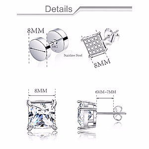 Ofeiyaa 12 Pairs Stainless Steel Stud Earrings Cubic Zirconia Cartilage Barbell Earring Set for Men Women Black Silver Tone 8mm