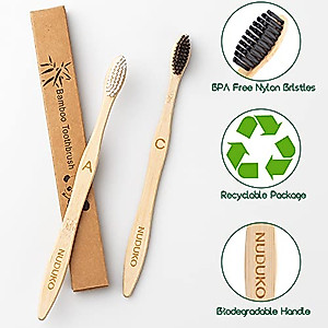 NUDUKO Biodegradable Bamboo Toothbrushes, 10 Piece BPA Free Soft Bristles Toothbrushes, Natural, Eco-Friendly, Green and Compostable