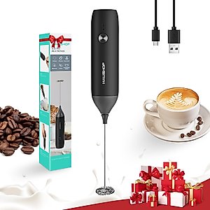 HAUSHOF Powerful Rechargeable Milk Frother, Handheld USB Type-C Electric Foam Maker for Coffee Latte, Cappuccino, Mocha, Macchiato, Frappe and Protein Powder, Detachable Stainless Steel Whisk, Black