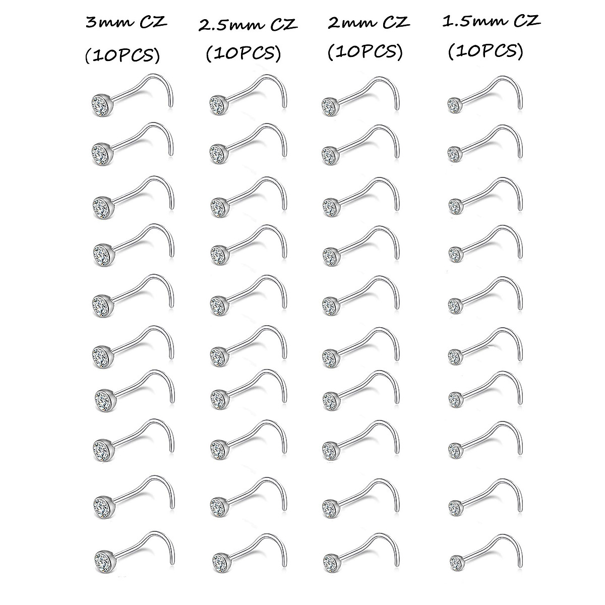 Tornito 20G 40Pcs Stainless Steel Curved Nose Stud Nose Ring CZ L Bone Screw Shaped Nose Screw Piercing Jewelry for Women Men