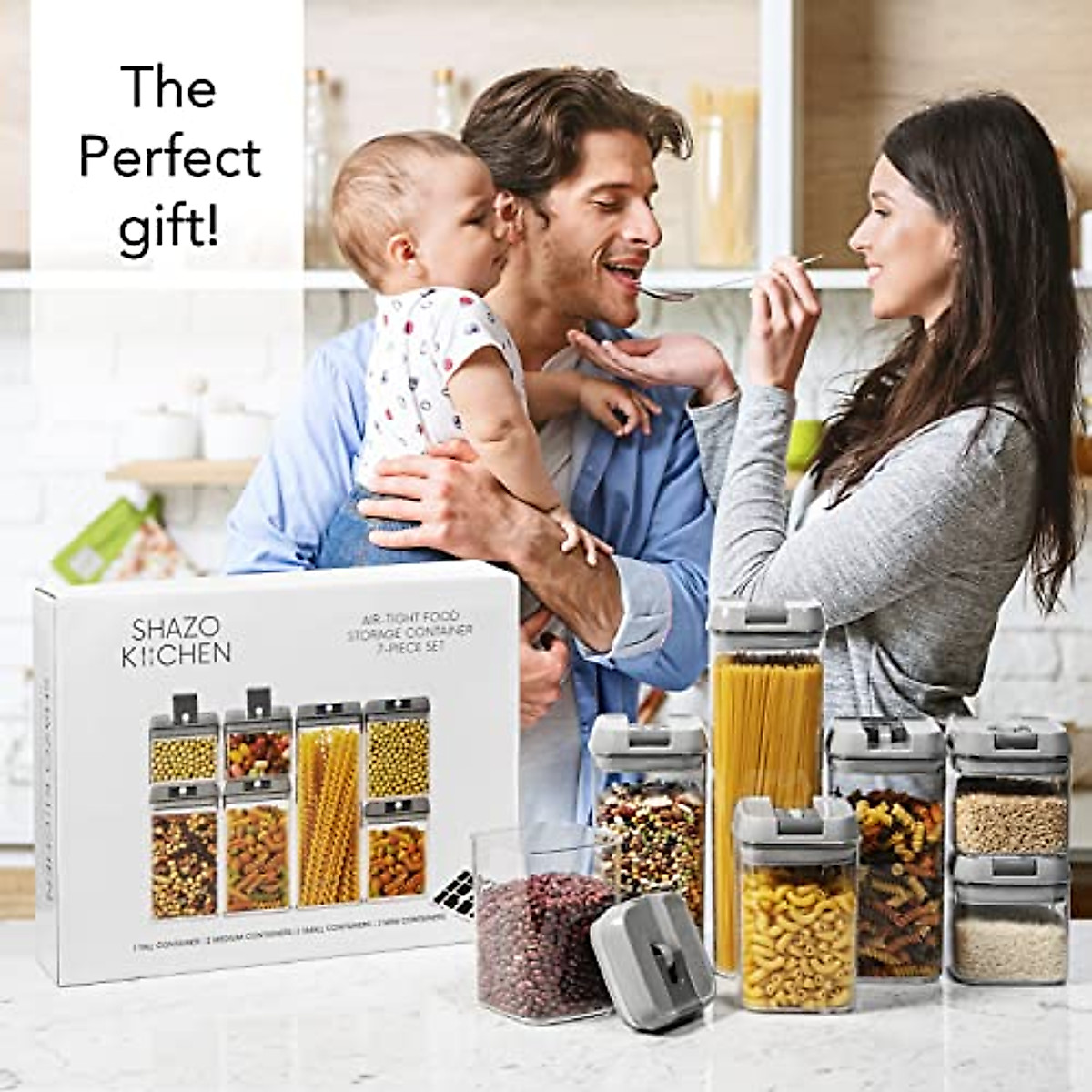 Shazo Airtight Container Set for Food Storage - 7 Piece Set + Heavy Duty Plastic - BPA Free - Airtight Storage Clear Plastic w/Gray Interchangeable Lids kitchen counter storage Bin -18 Labels+Marker