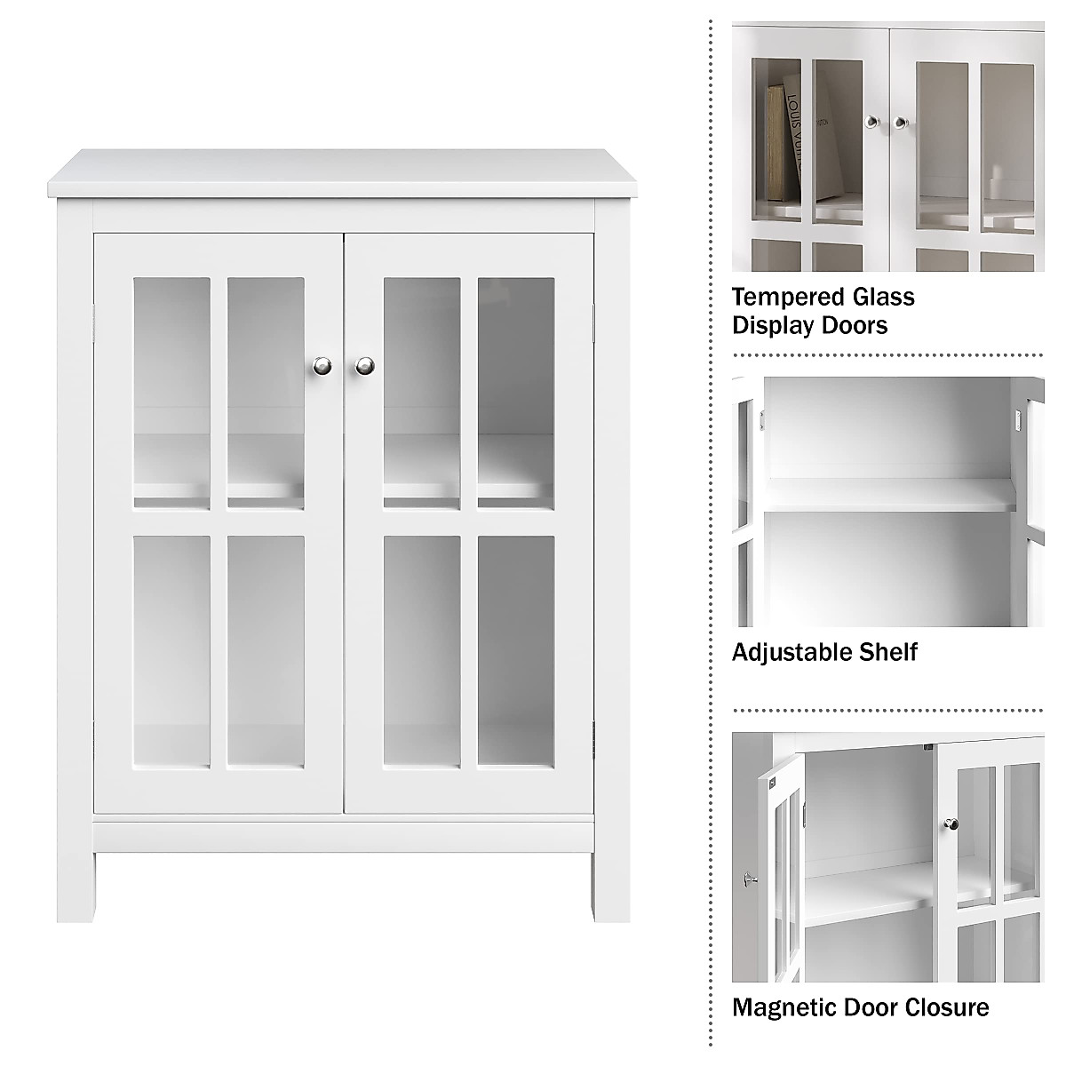Lavish Home, White Buffet Cabinet with Glass Doors
