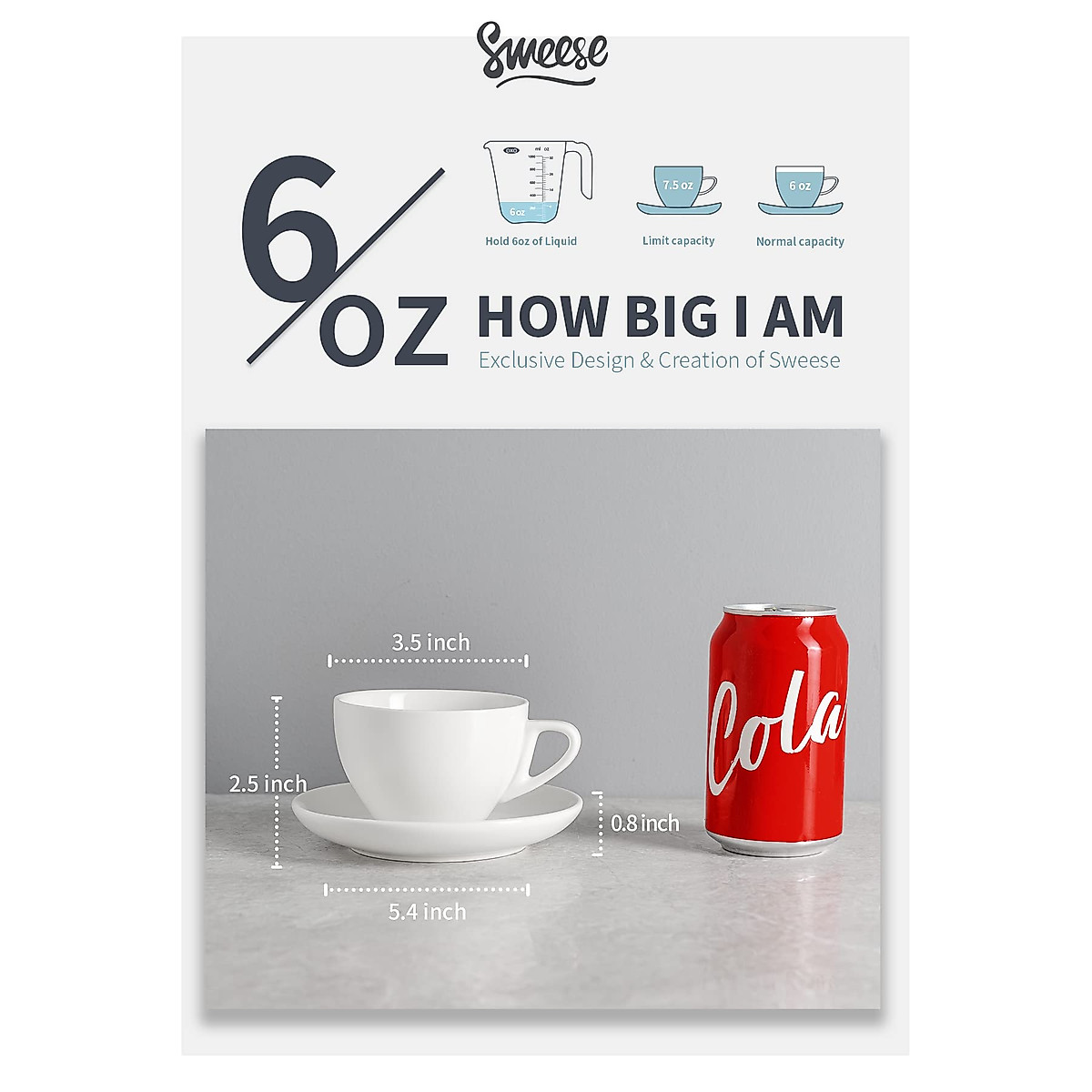 Sweese 6 Ounce Cappuccino Cups with Saucers, Porcelain Double Espresso Cups Set of 6 - White