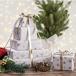 Flyhill White Wrapping Paper-17inch*197inch（ 23.4sq.ft.ttl Per Roll - White Gold 3D Embossed Foil Star Pattern for Christmas,Birthday, Party,Wedding,Bridal Shower Shower,Thanksgiving