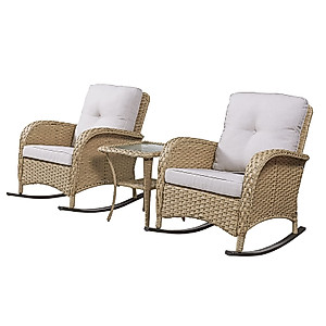 HUMMUH Patio Wicker Rocking Chairs Set of 2 Rattan Outdoor Rocking Chairs for Front Porch Garden Backyard Lawn Balcony Weather Rocker Chair with Side Table