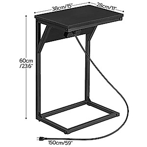 HOOBRO C Shaped End Table with Charging Station, Narrow Sofa Couch Side Table for Small Space, Industrial Bedside Table with Metal Frame for Living Room, Bedroom, Dorm, Black BB06USF01
